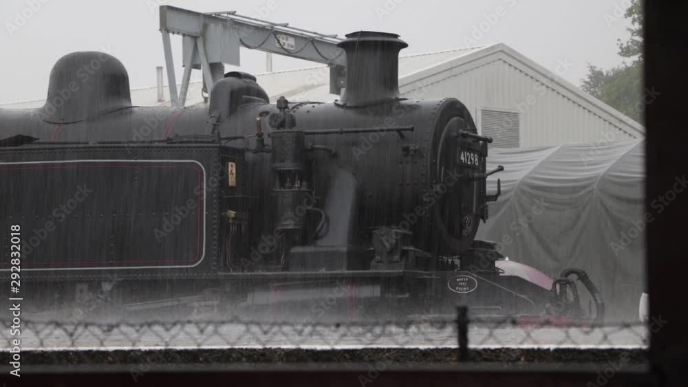 Extreme Weather, Heavy Rain On Train Station Platform With Steam ...
