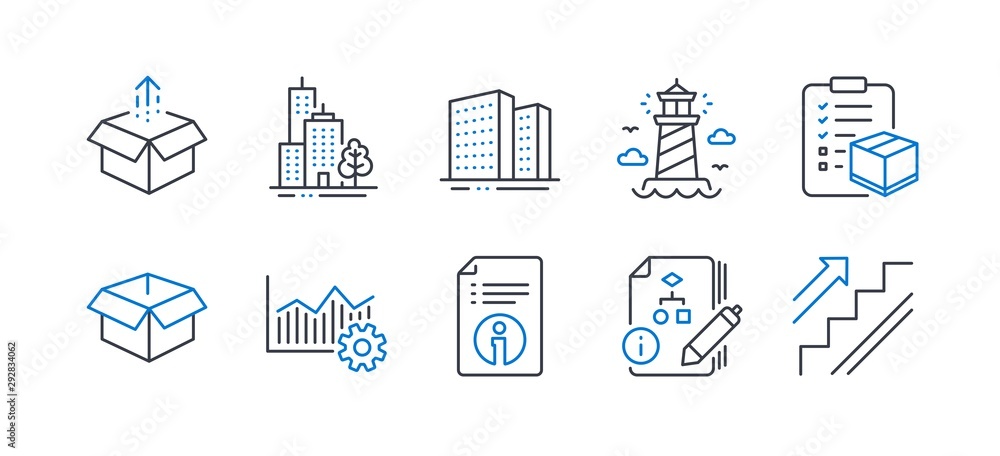 Set of Industrial icons, such as Operational excellence, Lighthouse, Technical info, Parcel ...