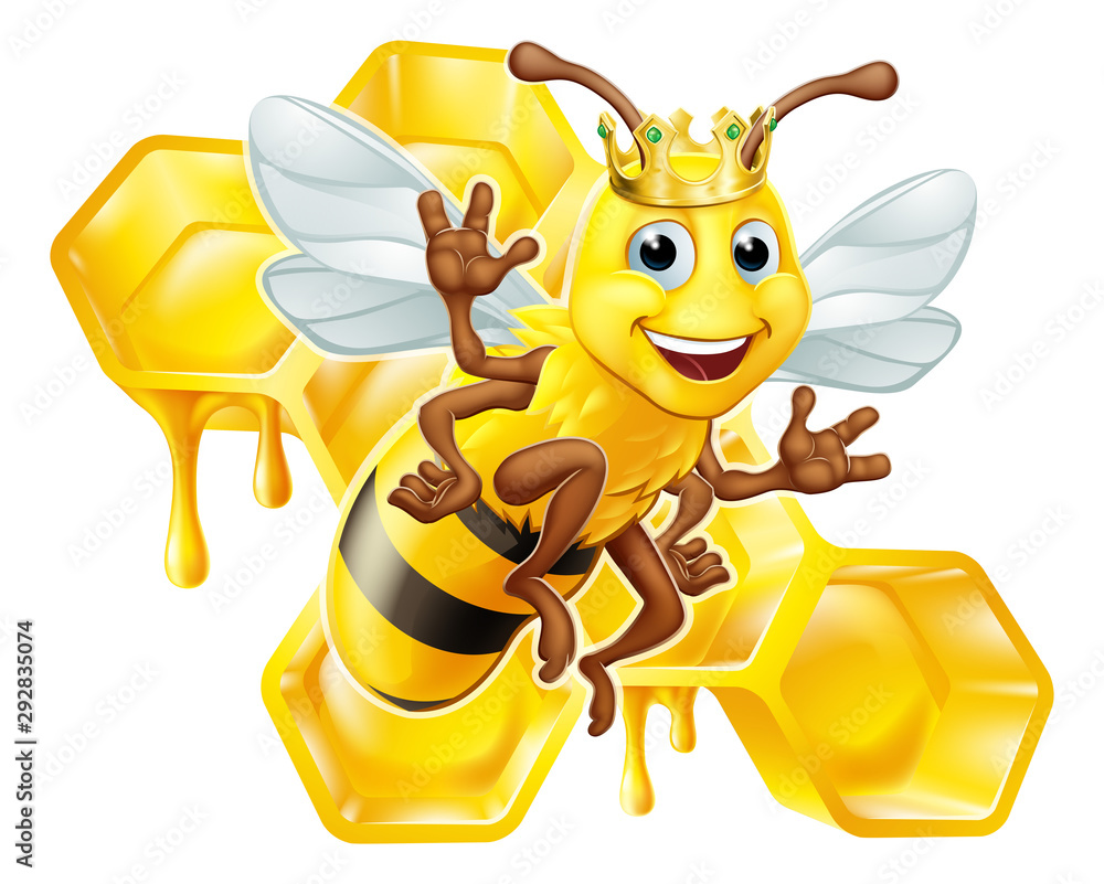 A queen or king bumble bee cartoon character in a gold crown with a ...