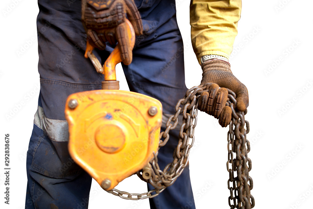 Rigger high risk worker wearing heavy duty glove, doing checking ...