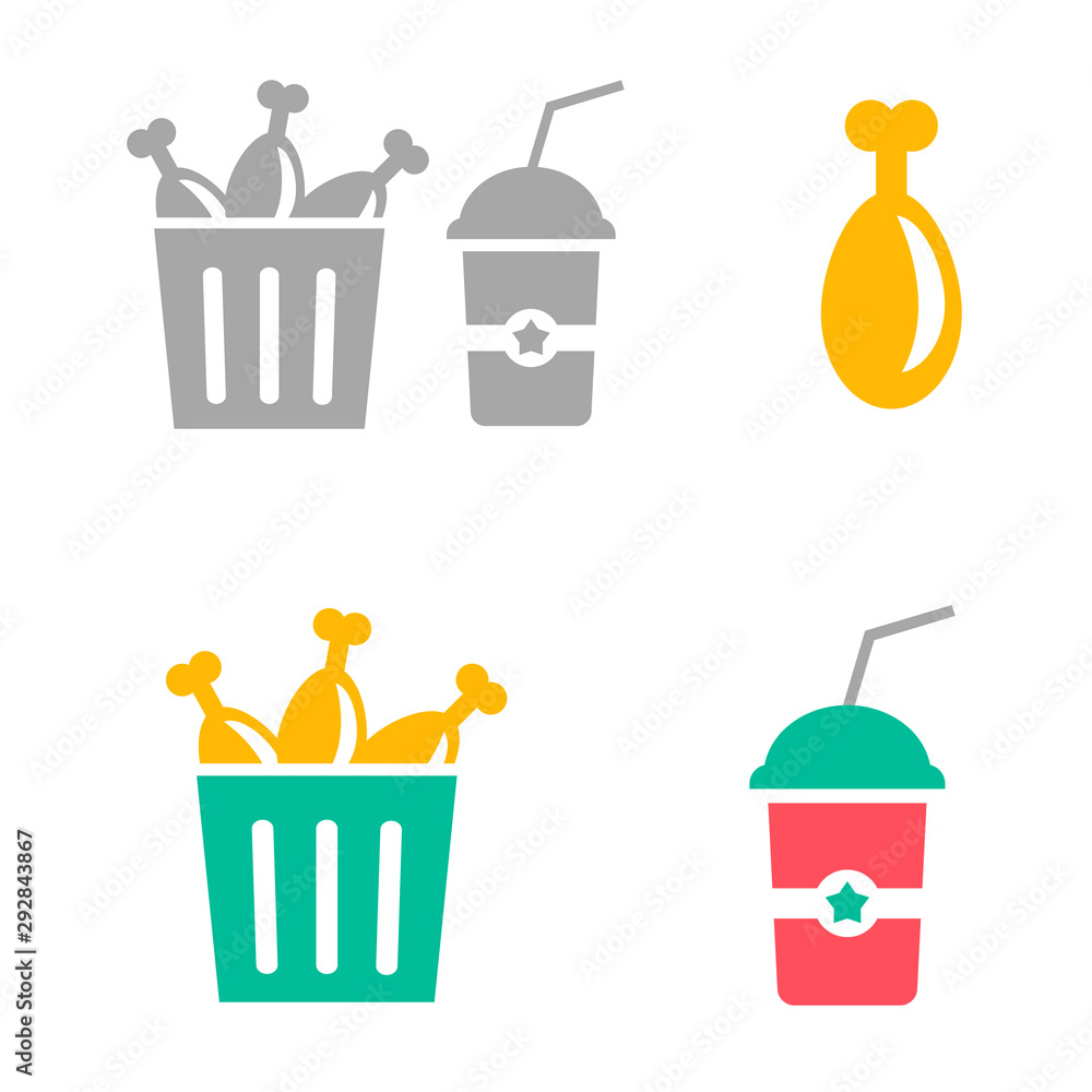 Flat icons of fast food. Vector illustrations of bucket with fried ...