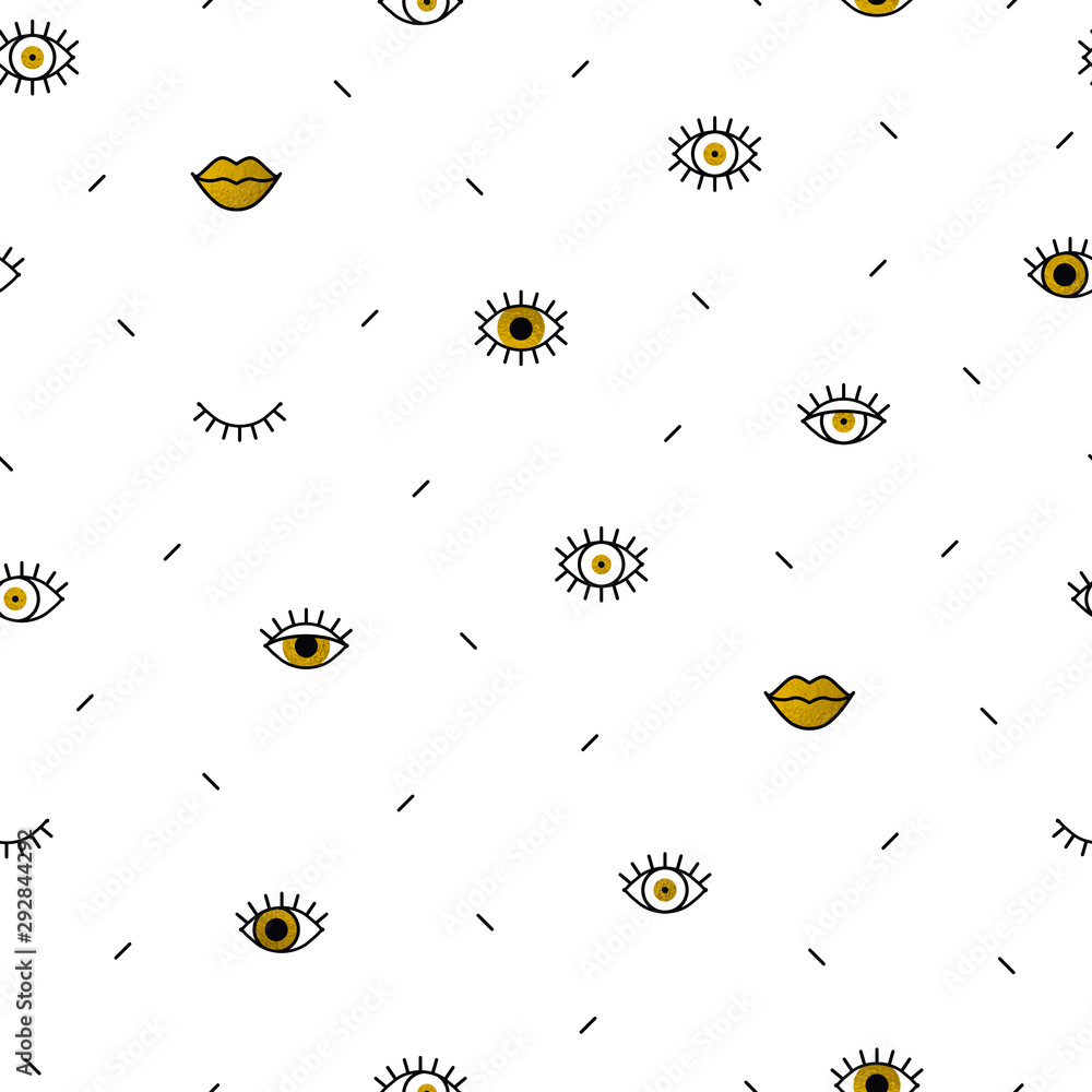 Golden eyes pattern with lips and geometric shapes in memphis style ...