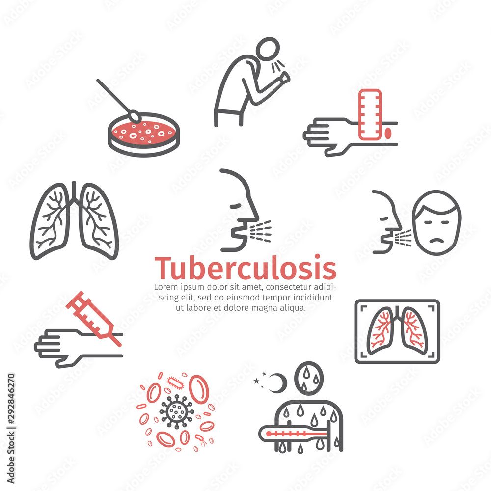 Tuberculosis banner. Symptoms, Treatment. Line icons set. Vector signs ...