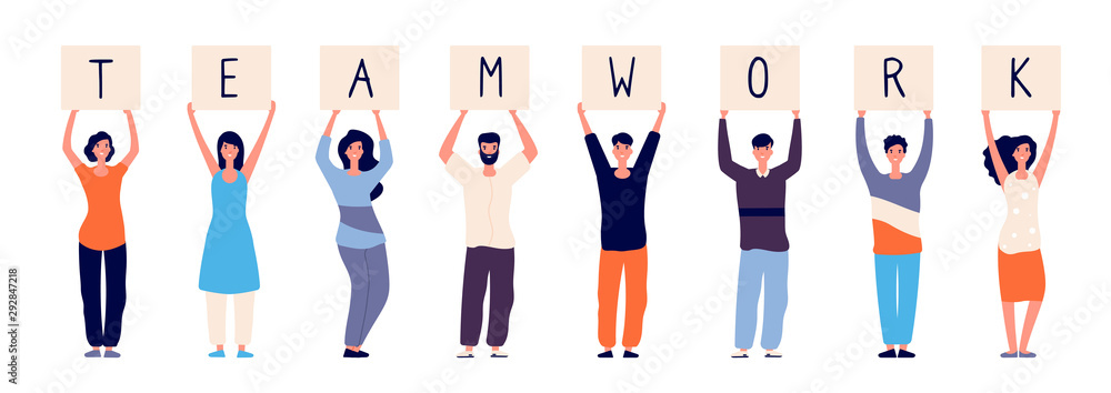 Teamwork concept. Happy employees group standing with teamwork message ...