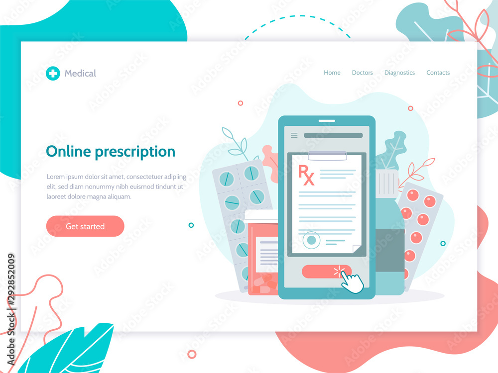 Online prescription. Medical concept. Web page design template. Flat ...