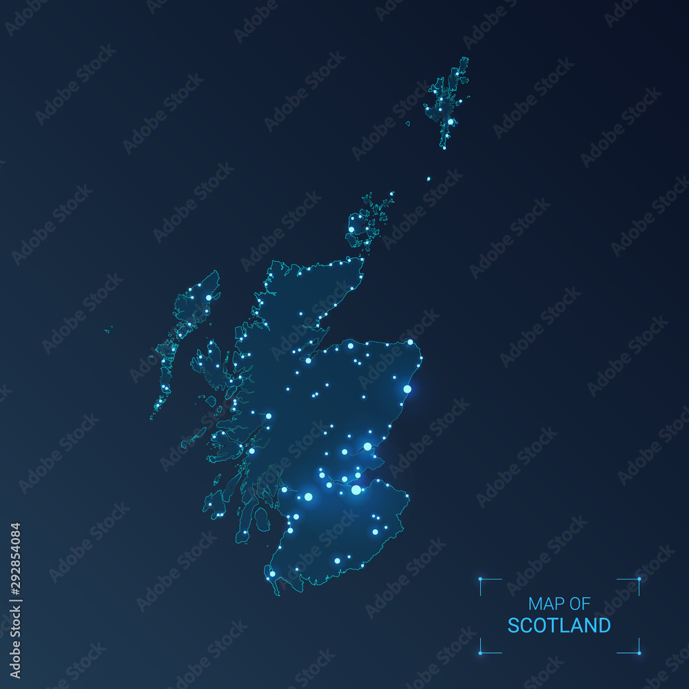 Scotland map with cities. Luminous dots - neon lights on dark ...