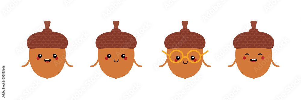Set, collection of cute and funny cartoon acorn characters for autumn ...