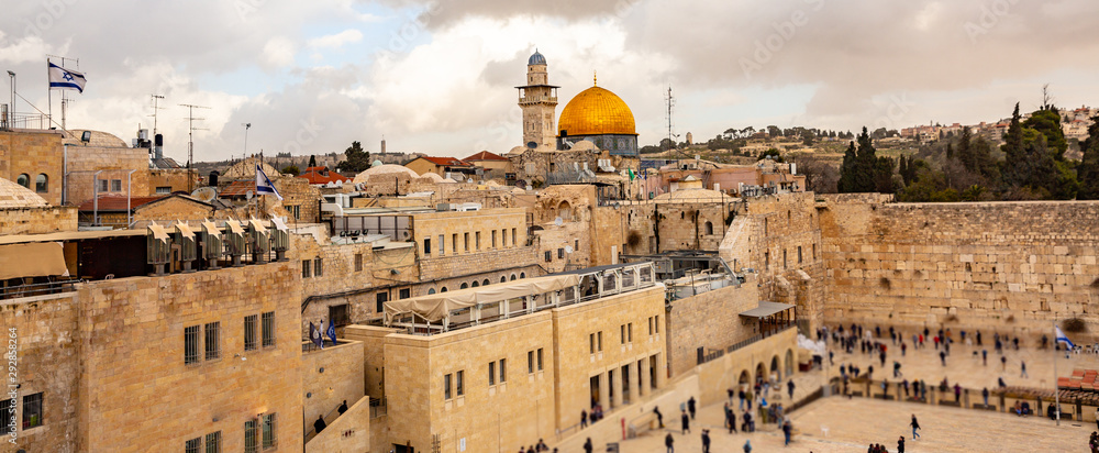 A view of the Temple Mount in Jerusalem, including the Western Wall and ...