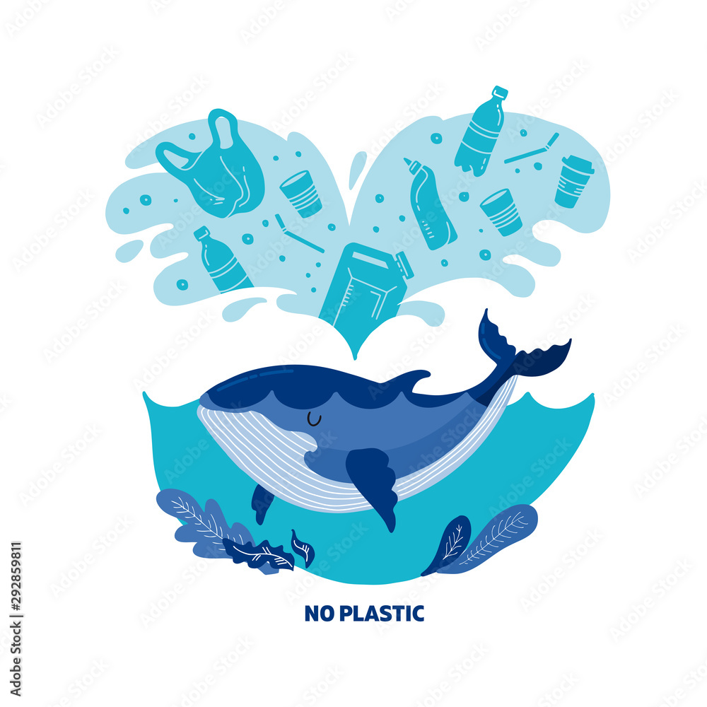 No plastic! Vector flat illustration for World Environment Day. A whale ...