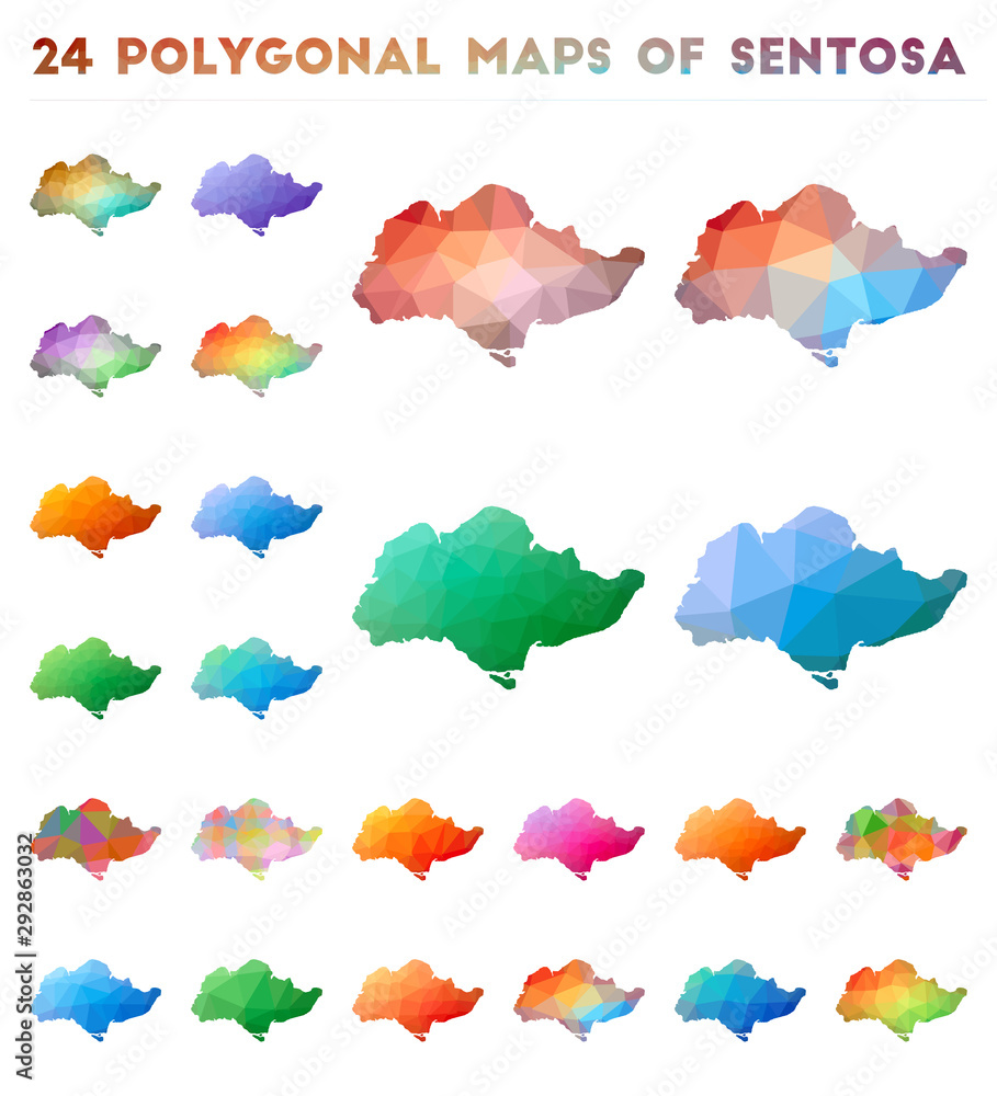 Set of vector polygonal maps of Sentosa. Bright gradient map of island ...