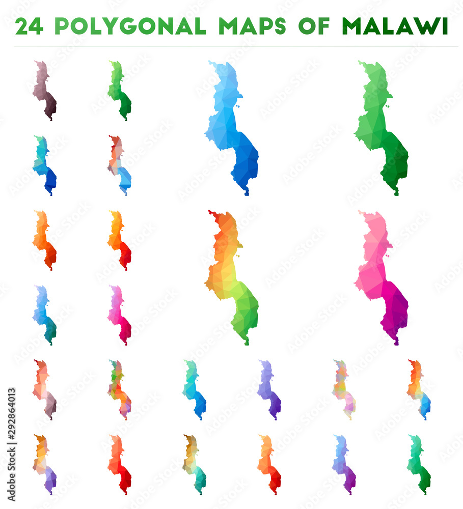 Set of vector polygonal maps of Malawi. Bright gradient map of country ...