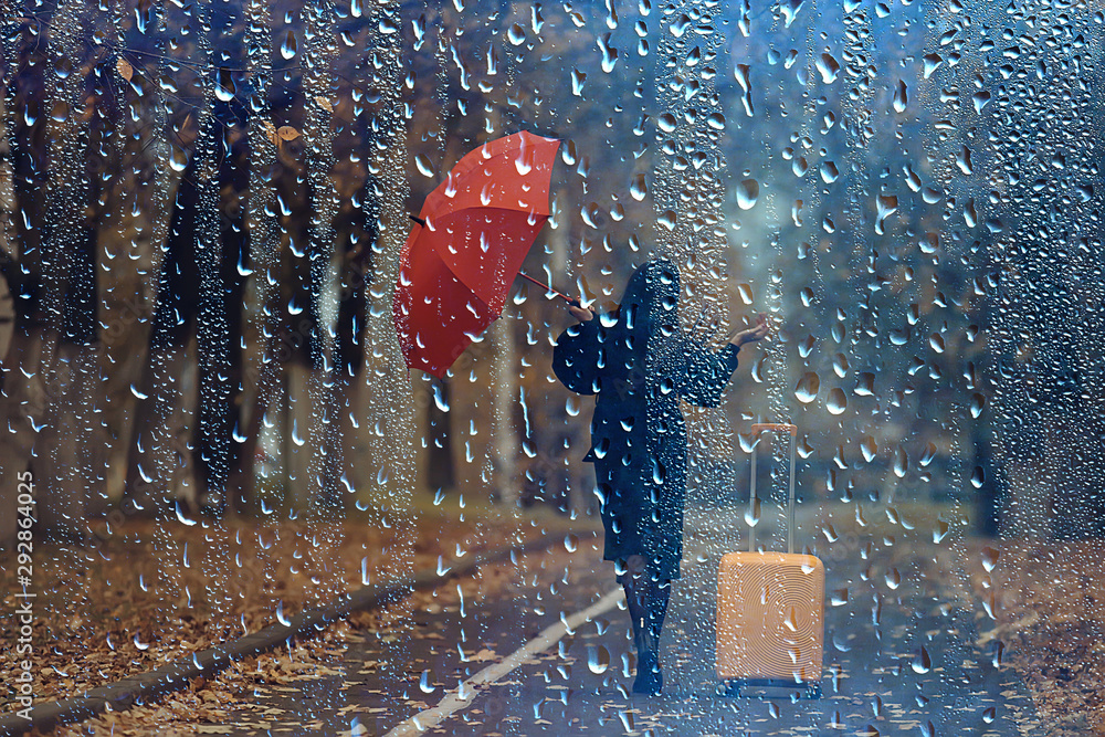 Girl Walking In The Rain Without Umbrella