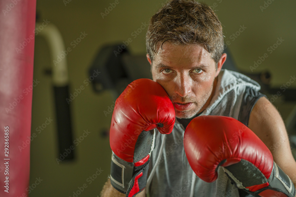 gym workout portrait of attractive and fierce looking boxer man 30s to ...
