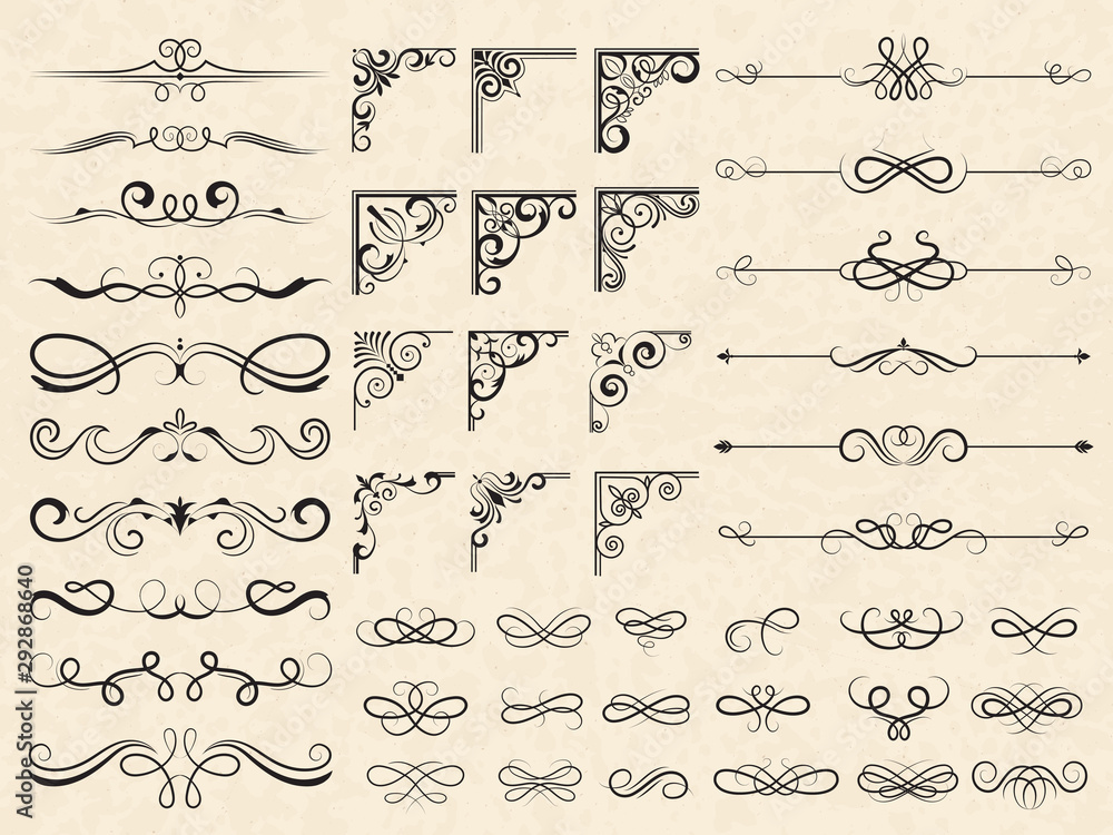 Calligraphic borders and corners. Ornamental frames floral ornate ...