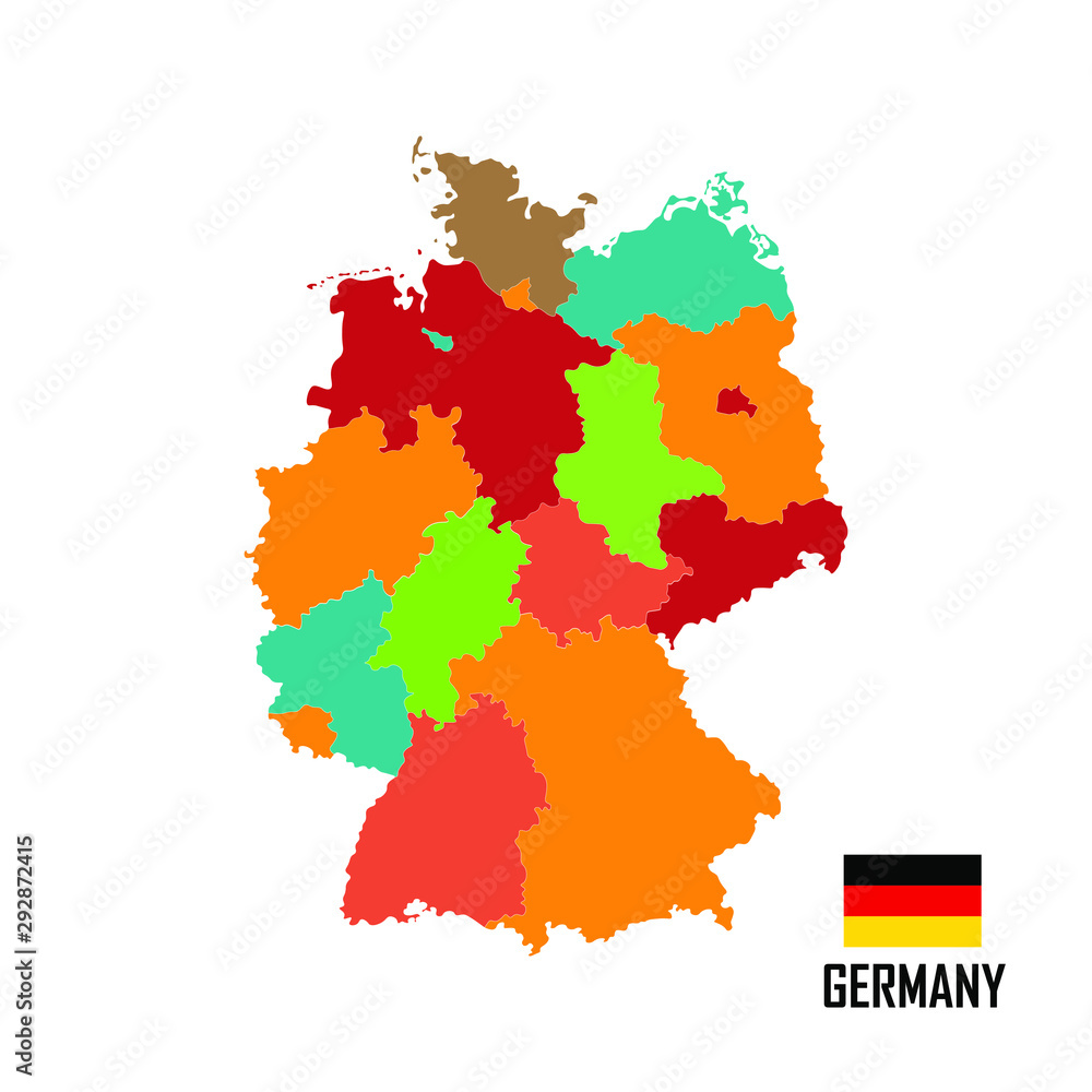 Colorful Germany map with regions, cities. Vector illustration. German ...
