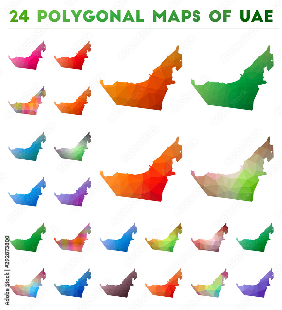 Set of vector polygonal maps of UAE. Bright gradient map of country in ...