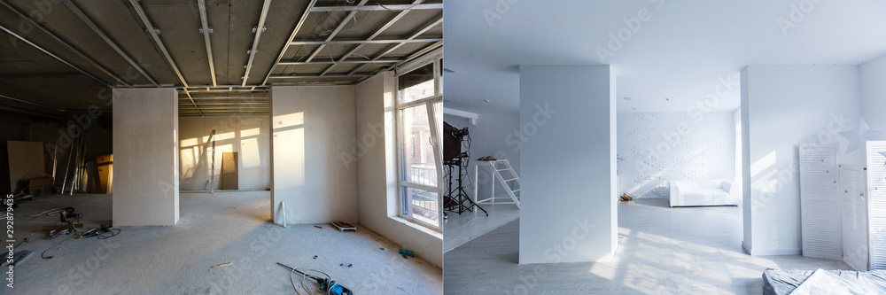 flat renovation, empty room before and after refurbishment old and new ...
