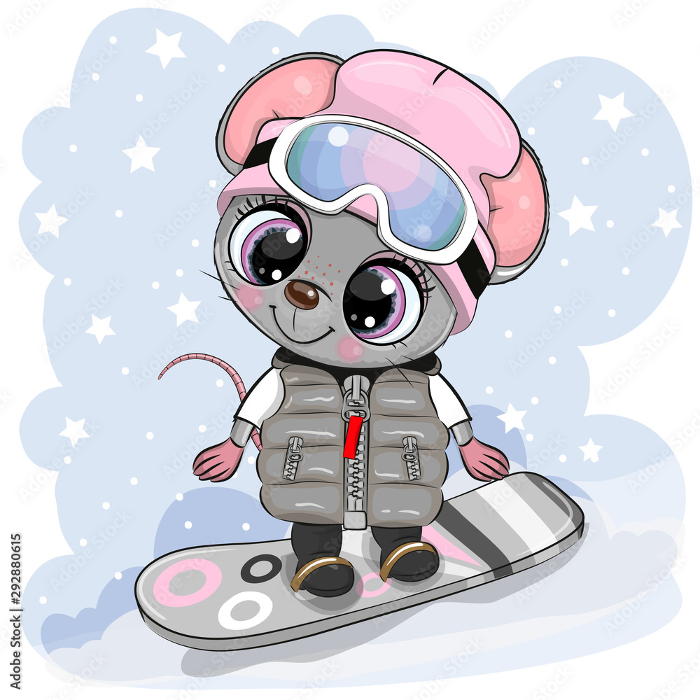 Cartoon Mouse Girl on a snowboard on a blue background Stock Vector ...