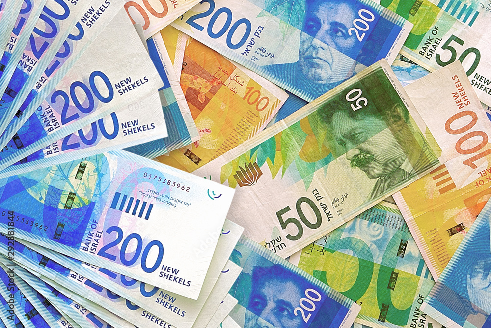 Israeli money stack of the new Israeli money bills (banknotes) of 50 ...