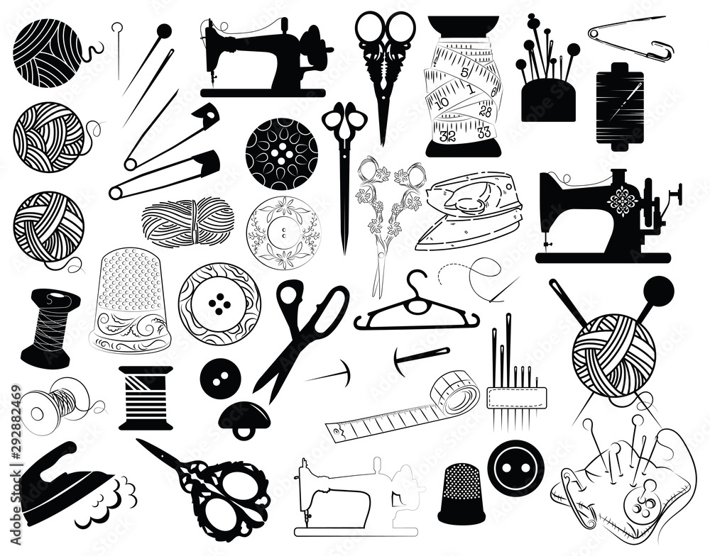 Set of tools for sewing and cutting. Collection of sewing supplies ...