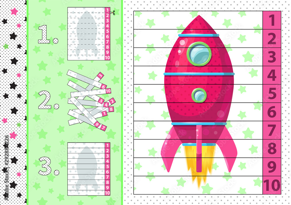 Counting number puzzle with cartoon rocket. From 1 to 10. Cut and ...