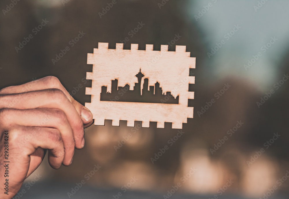 Foto de Seattle Skyline Wood Laser Cut Concept Art in Hand do Stock ...