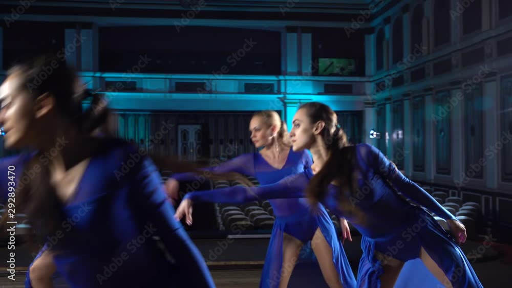 Group young skillful ballerinas dancing modern ballet on the stage of ...