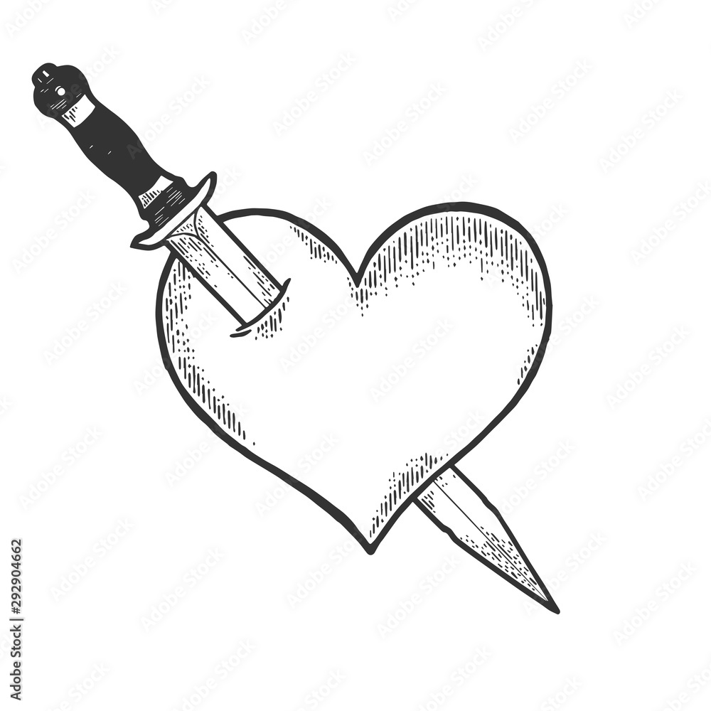 Vetor de Heart symbol pierced with knife dagger weapon sketch engraving ...