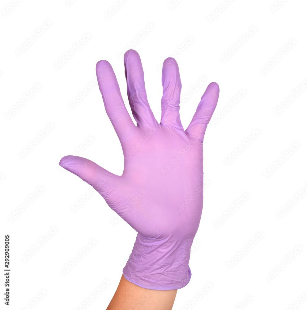 Wave or hi gesture in latex surgical gloved sign against white ...