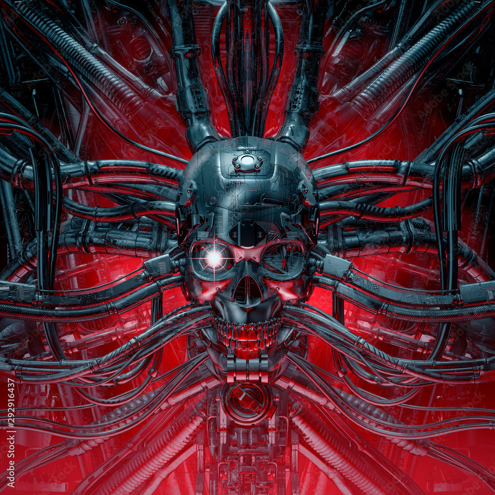 Skull of the gamer / 3D illustration of scary evil robotic skull ...