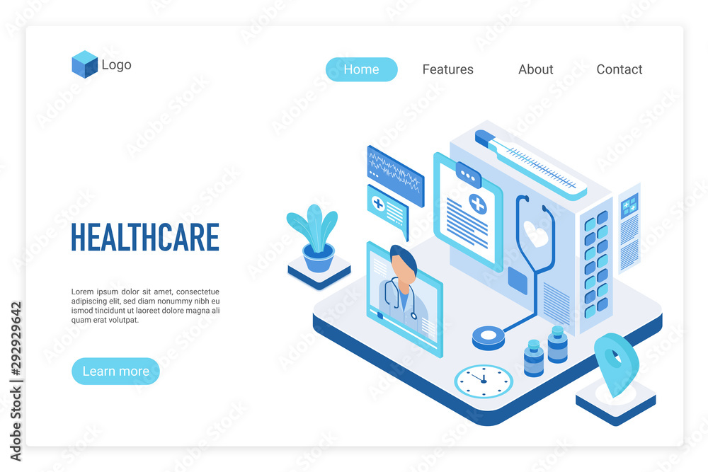 Medicine and healthcare isometric landing page vector template. Online ...