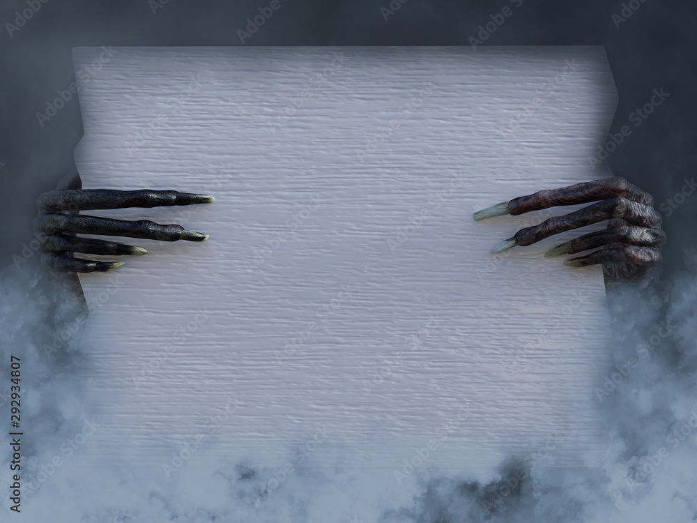 3D rendering of monster hands holding blank white sign. Stock ...