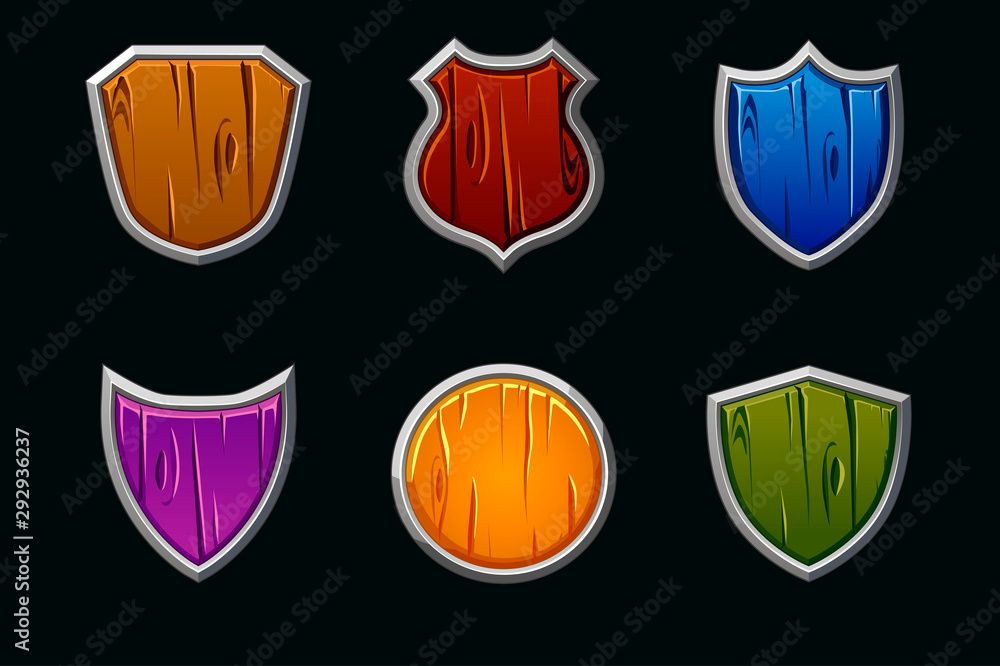 Vector wooden shields in different shape and colors. Empty template ...