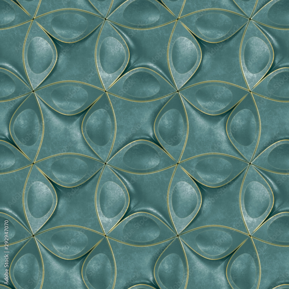 3d Wallpaper of green old metal geometry tiles with gold frayed edges ...