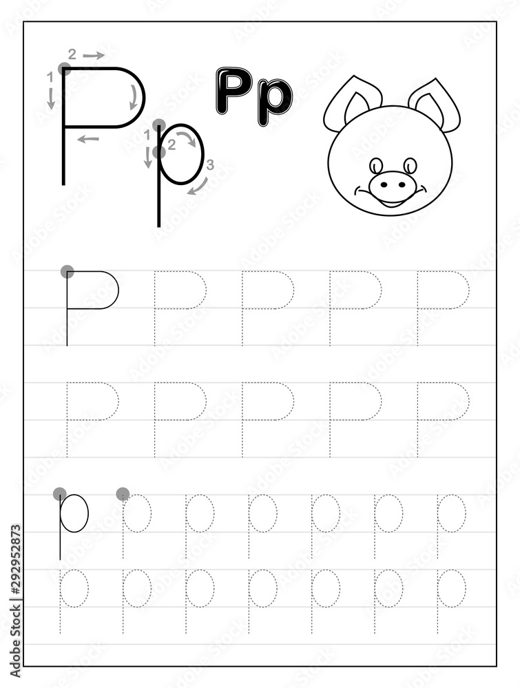 Tracing alphabet letter P. Black and white educational pages on line ...