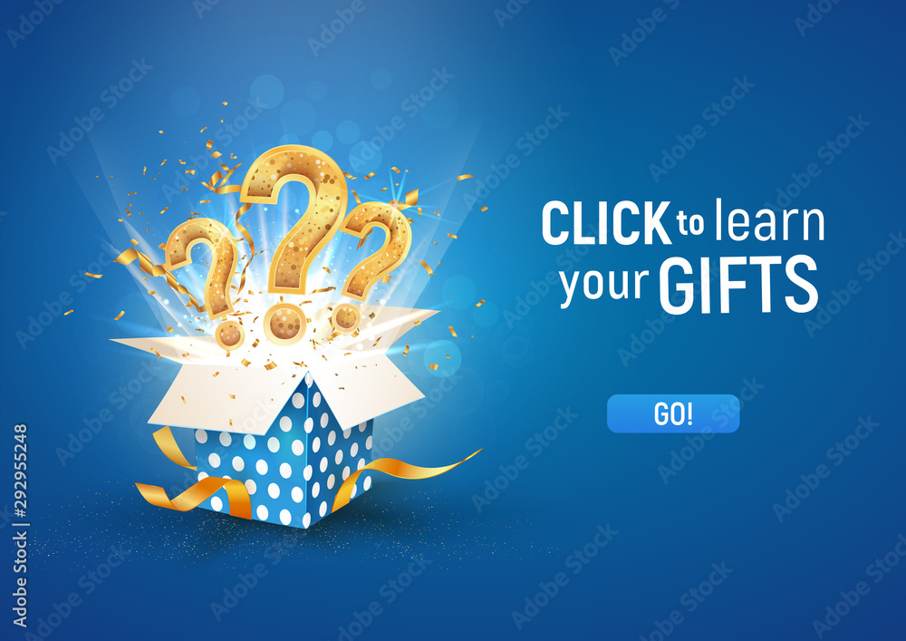 Open textured blue box with question signs and confetti explosion ...