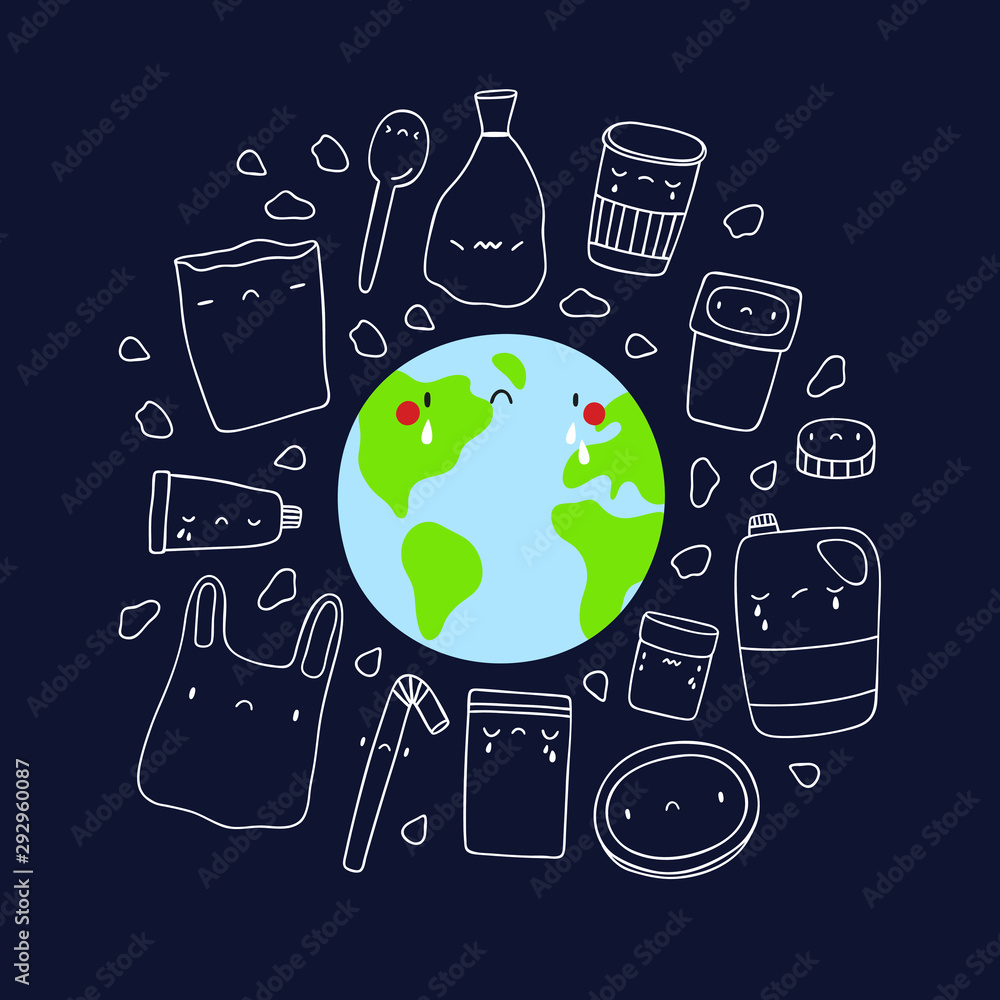Ecological concept illustration - Earth with Plastic Garbage. Cartoon ...