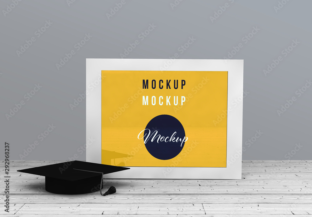 White Horizontal Frame with Graduation Cap Mockup Stock Template ...