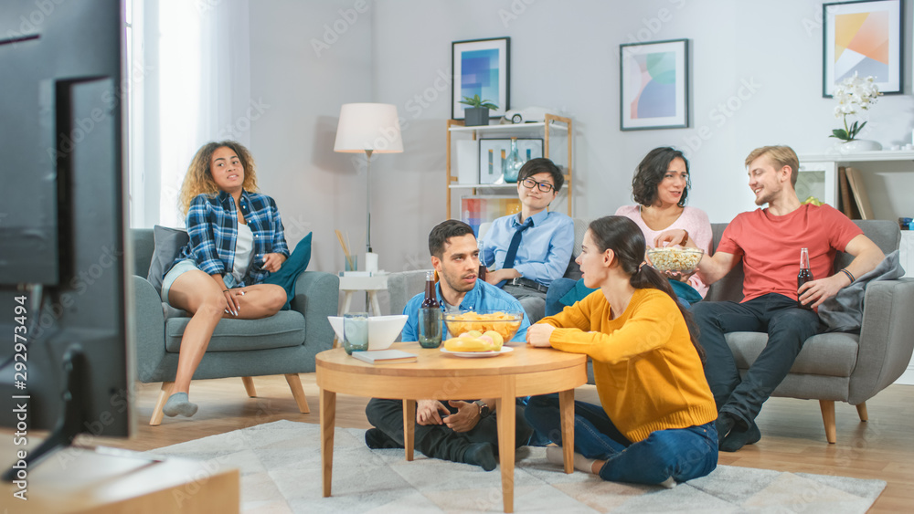 Poster At Home Diverse Group Friends Watching TV Together, Eating ...