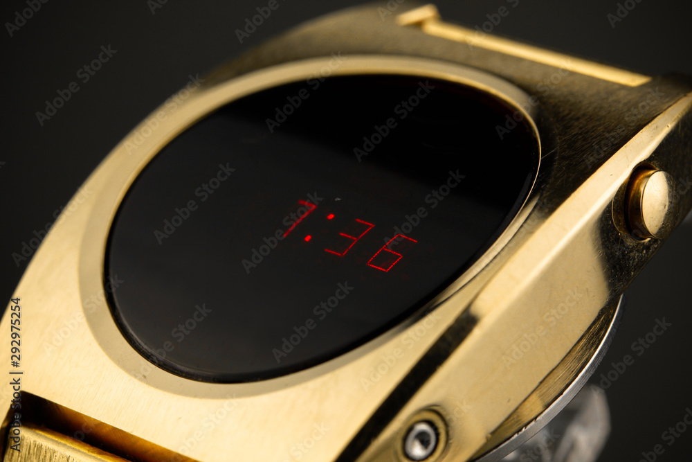LED gold digital watch vintage retro wristwatch with red display 70s ...
