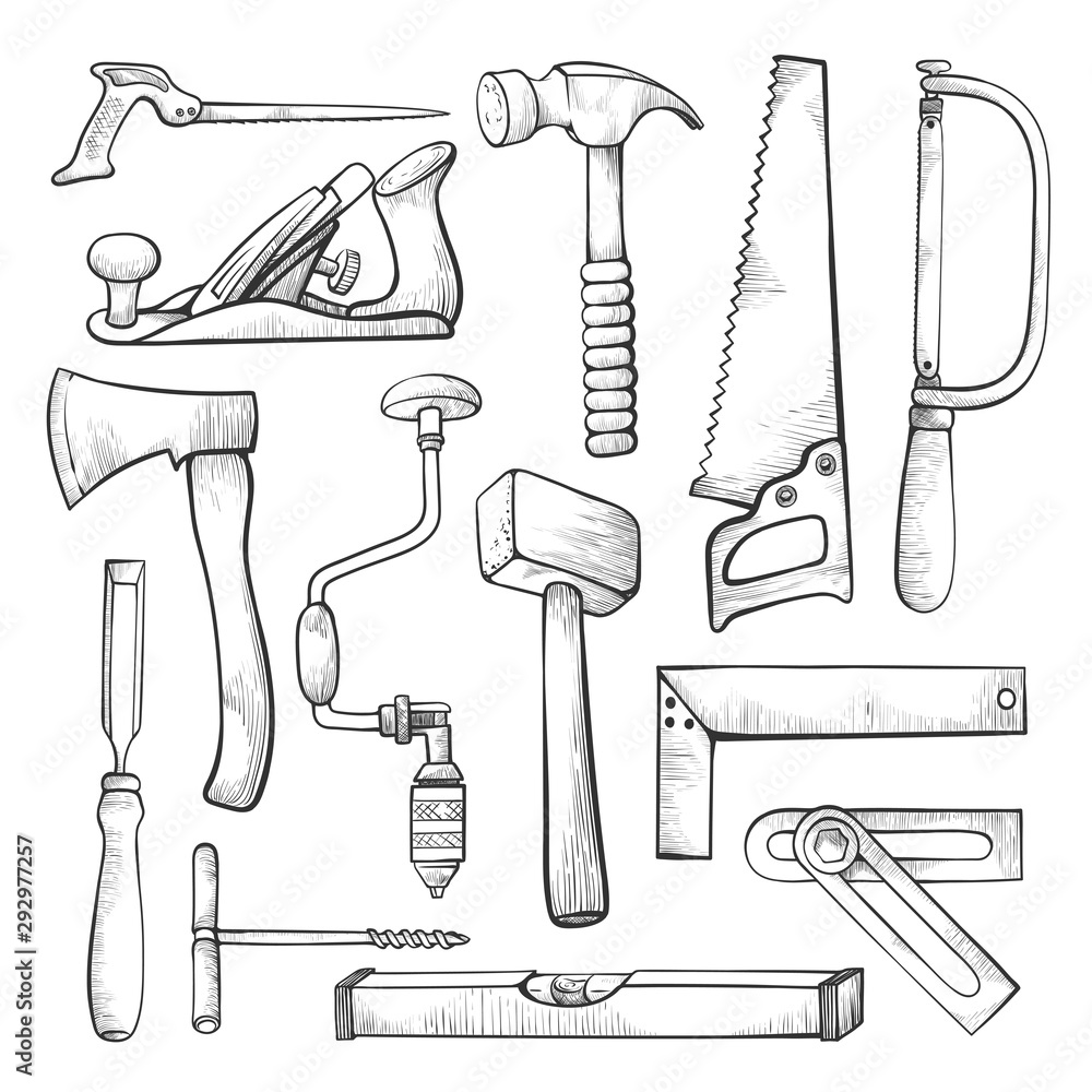 Carpentry professional tools hand drawn illustrations set Stock Vector ...