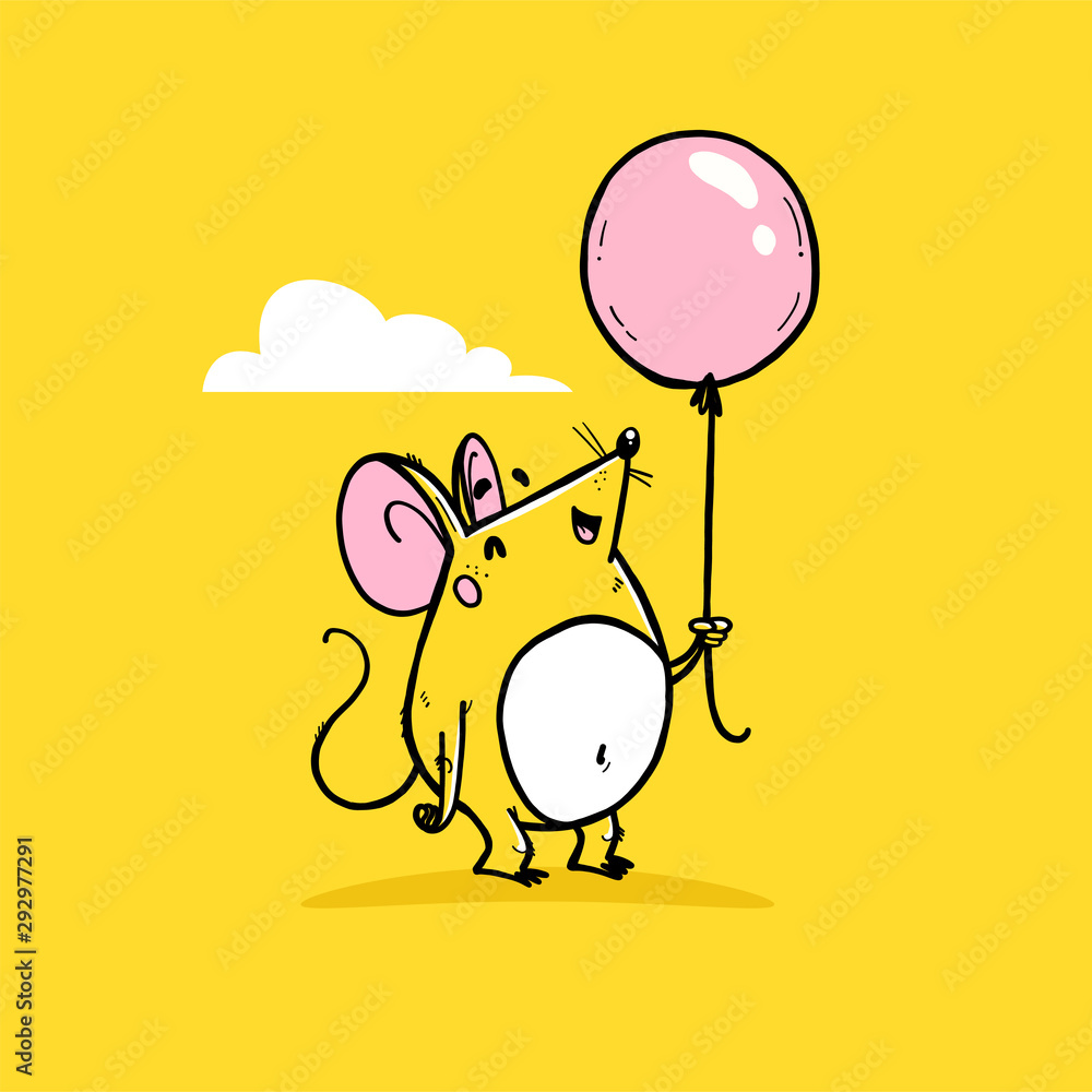 Vector illustration of cute hand drawn yellow mouse character with air ...