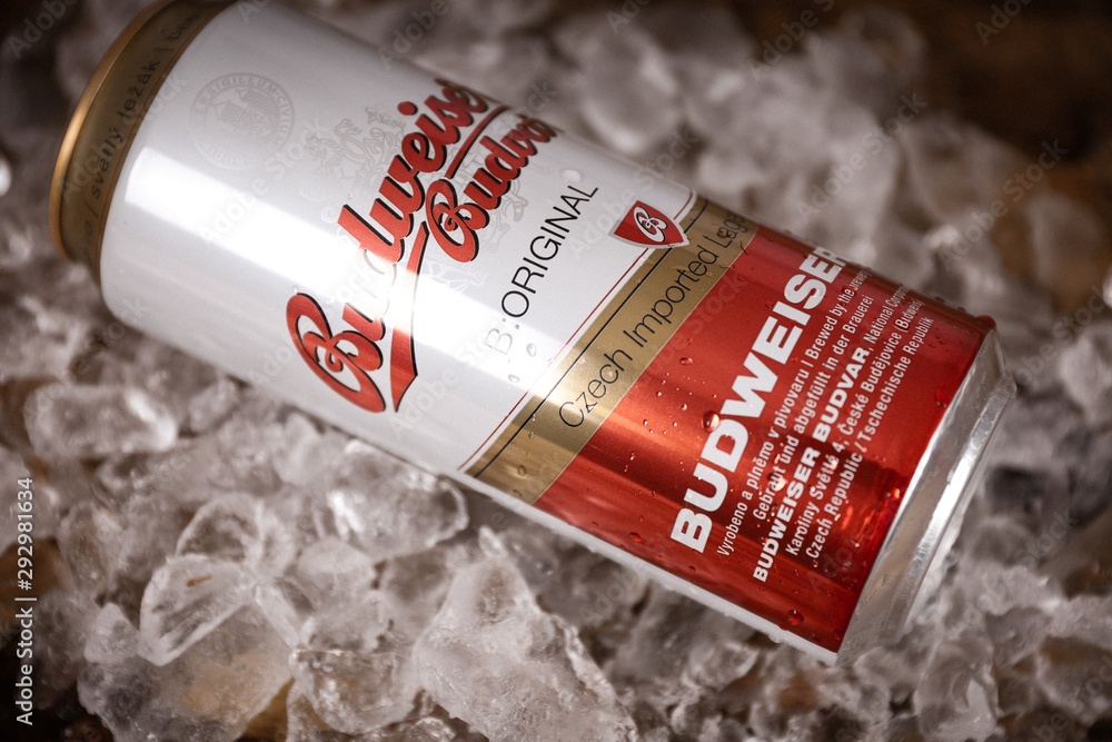 Budweiser beer in aluminium can on ice Stock Photo | Adobe Stock