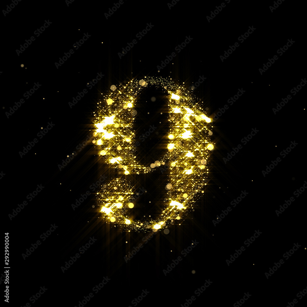 Golden glitter number 9, sparkling gold light and glowing gold ...
