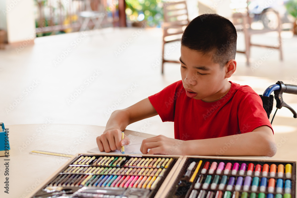 Asian disabled child on wheelchair coloring art work,The skills to ...