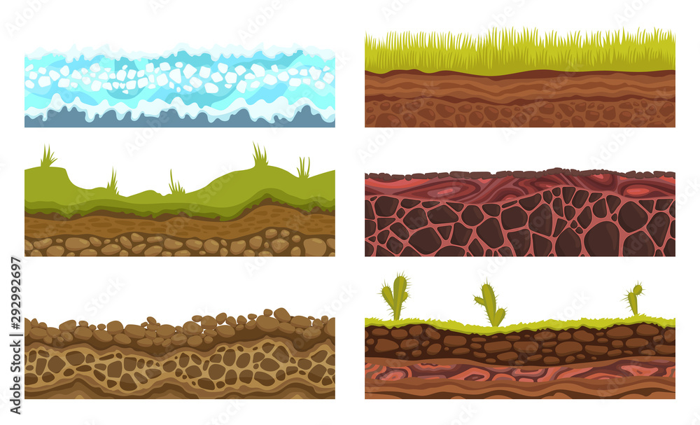 Seamless grounds, soils and land vector set for UI games. Surface water ...