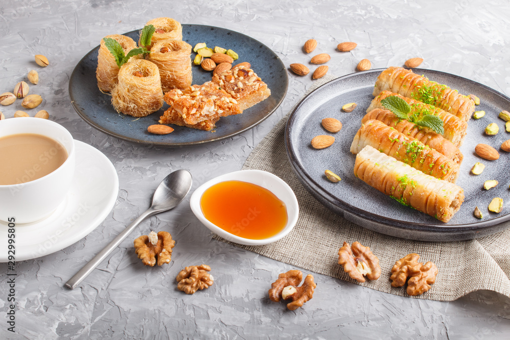 Set of various traditional arabic sweets: baklava, kunafa, basbus in ...
