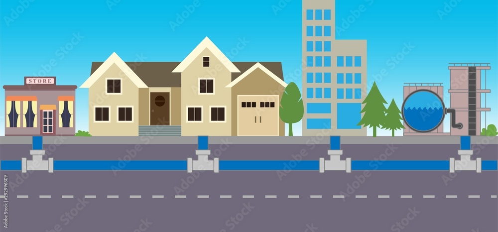 Water supply pipes and water treatment and purification plant in a town ...