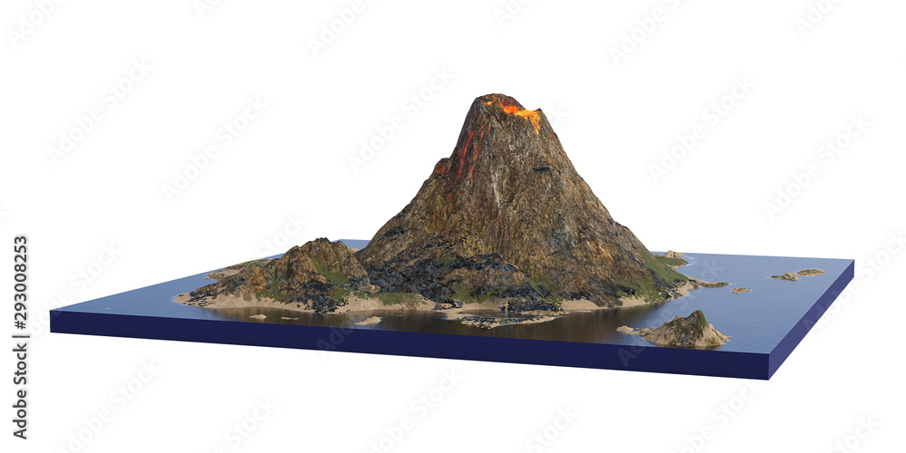 volcano erupts lava, cross section model of island with volcanism ...