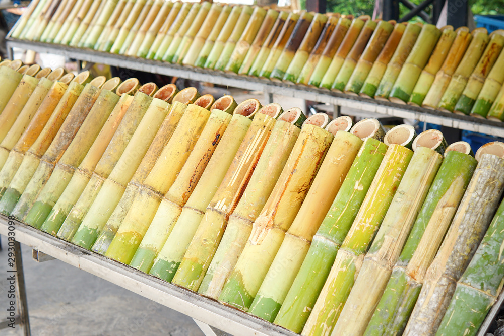 Sticky rice and coconut milk with variety flavour in bamboo, known as ...